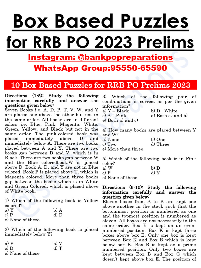 Box Based Puzzles for RRB PO Prelims 2023 | PDF