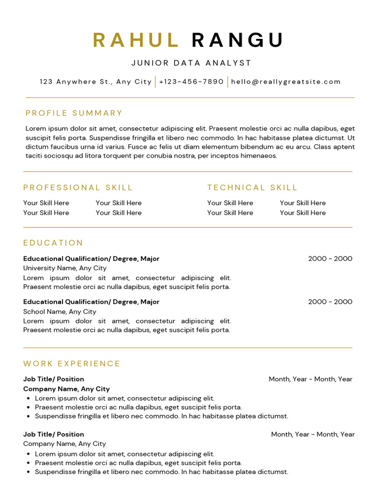 White Gold Elegant Minimalist Data Analyst Resume CV A4 Printable | PDF