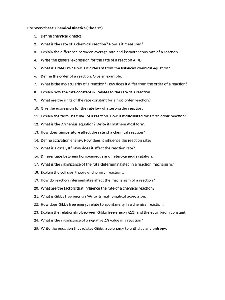 Chemical Kinetics Pre-Worksheets | PDF