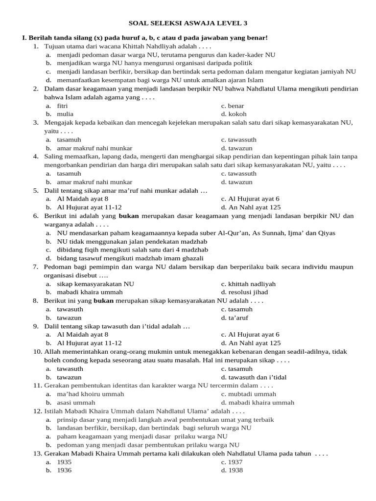 Soal Seleksi Aswaja Level 3 | PDF