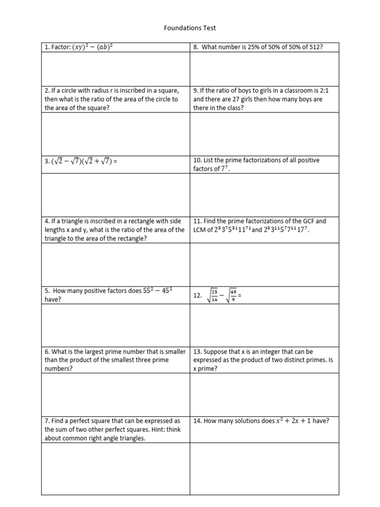 Math Foundations Test Questions | PDF