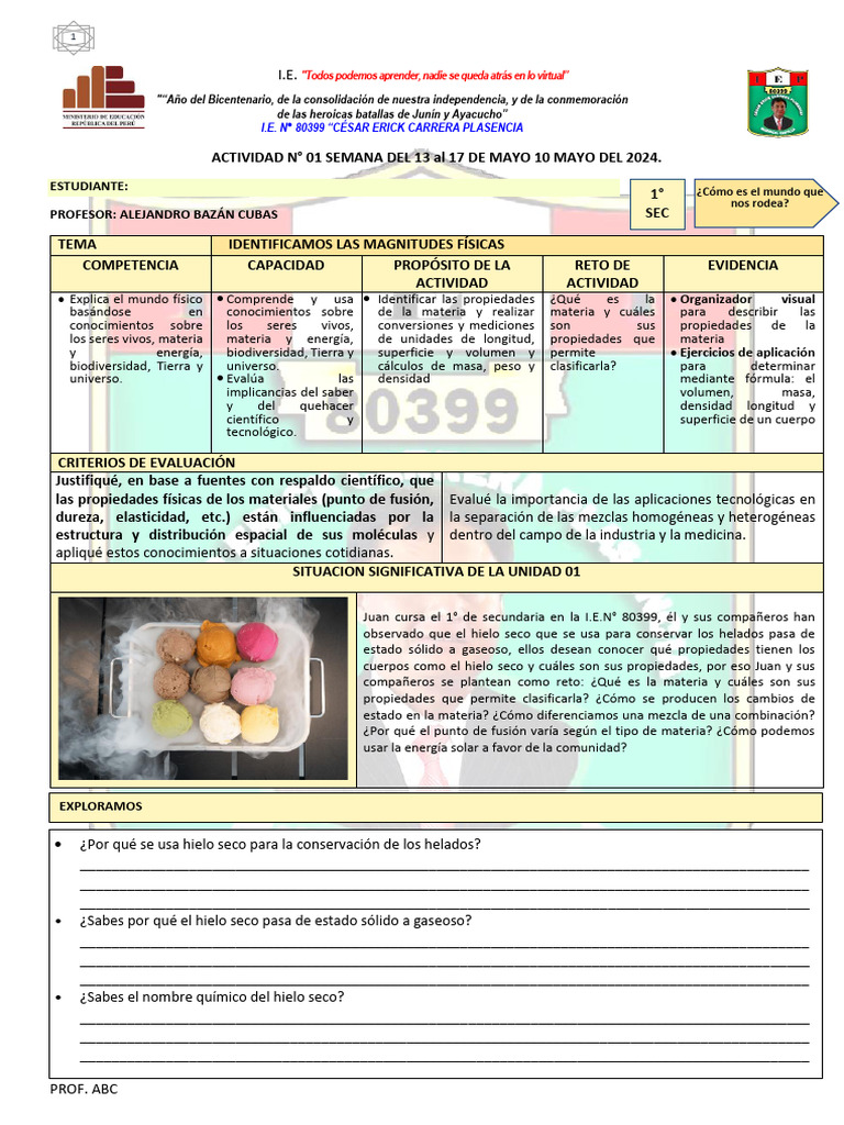 1°sec - UNIDAD 1 - ACTIVIDAD 1 (CyT Explica 2024) - Identificamos Las Magnitudes Físicas | PDF ...