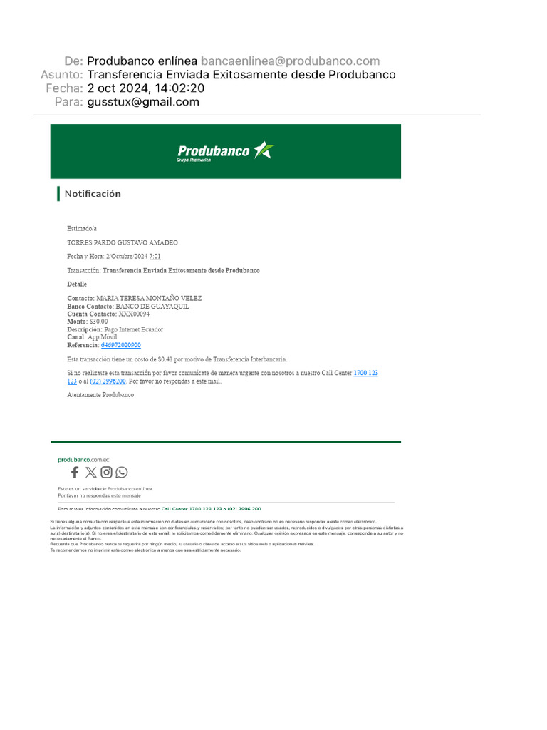 Confirmación de Transferencia Produbanco | PDF