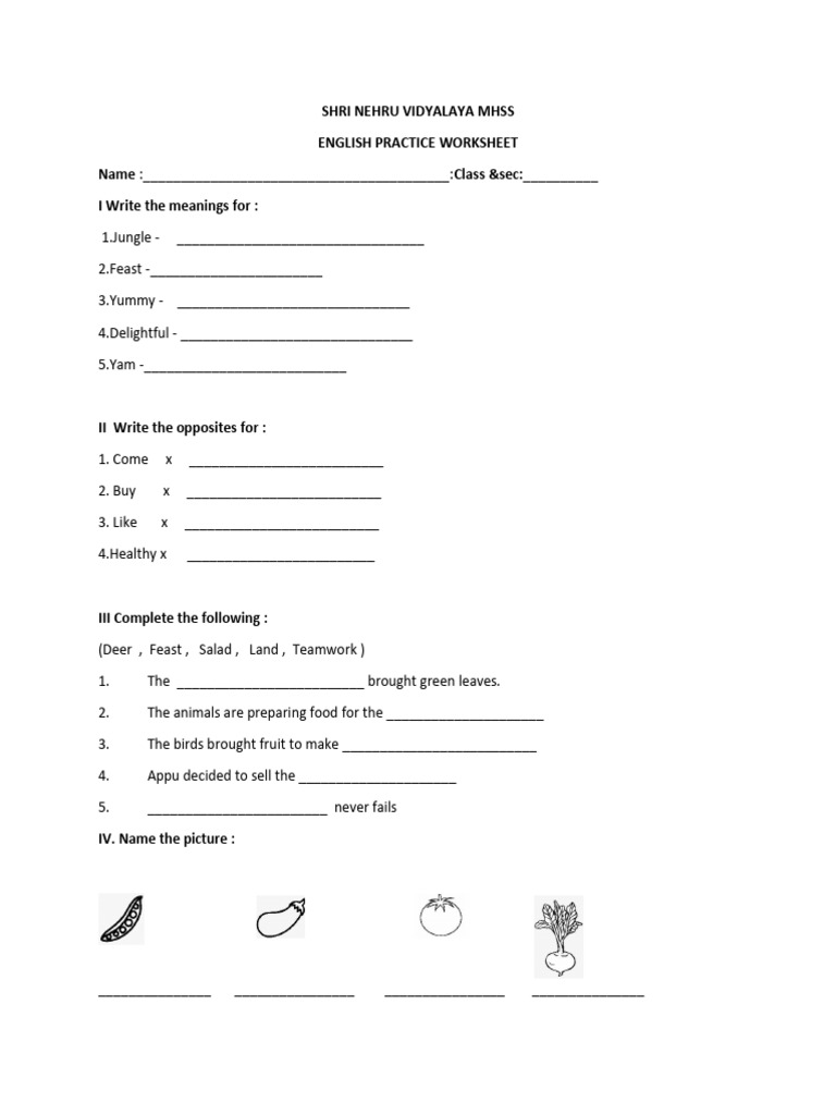 English Practice Worksheet for Kids | PDF | Foods
