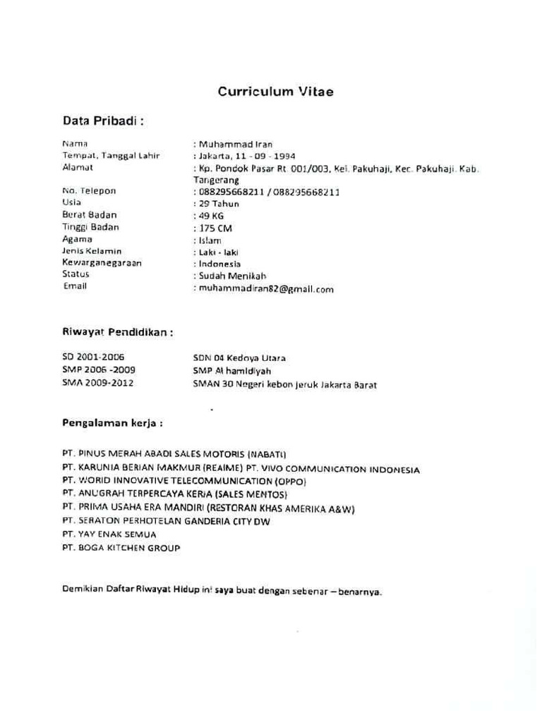 CV Muhammad Iran Baru | PDF