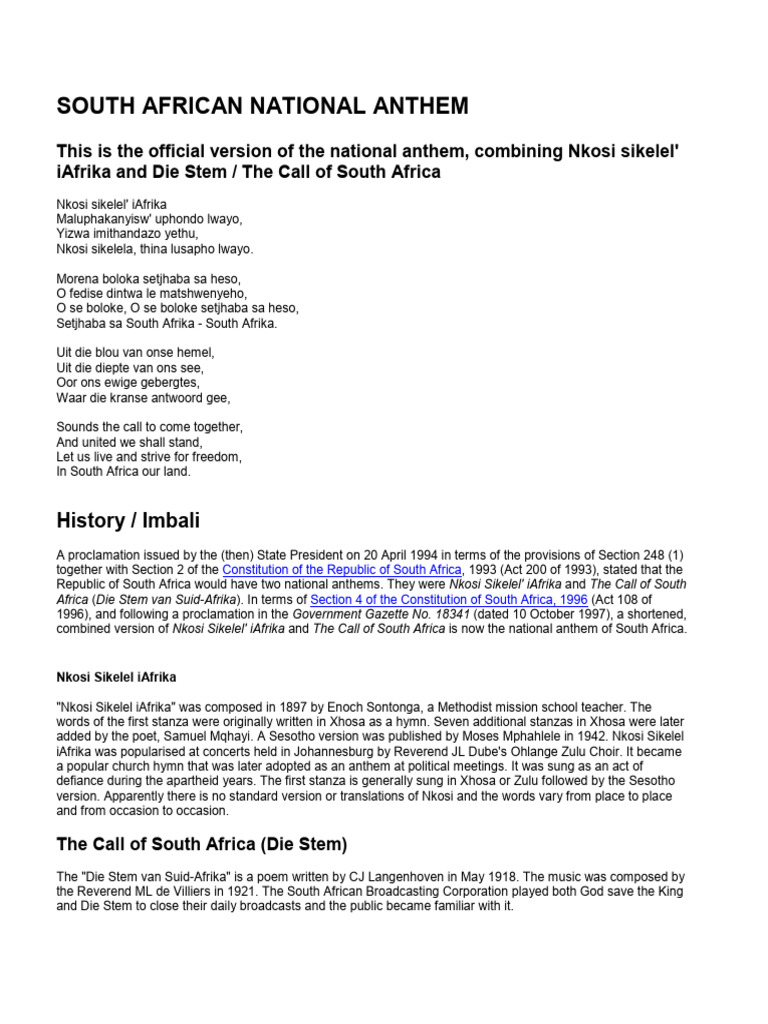 South African National Anthem | PDF | South Africa | Institutional Songs