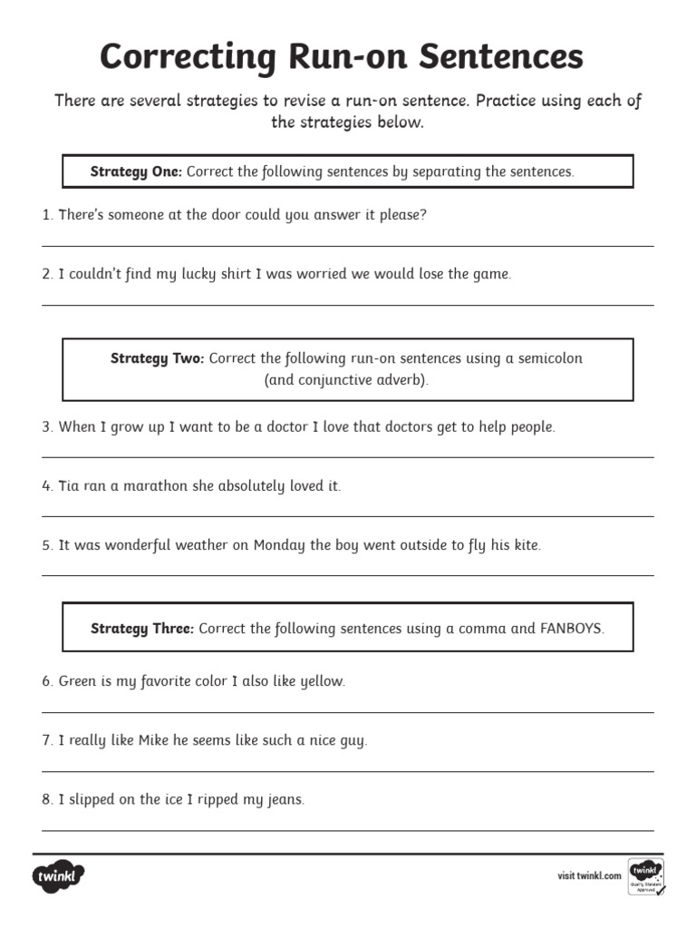 Run-On Sentences Correction Worksheet | PDF