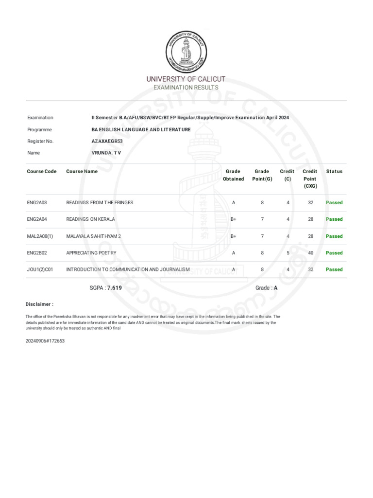 University of Calicut - Online Results | PDF