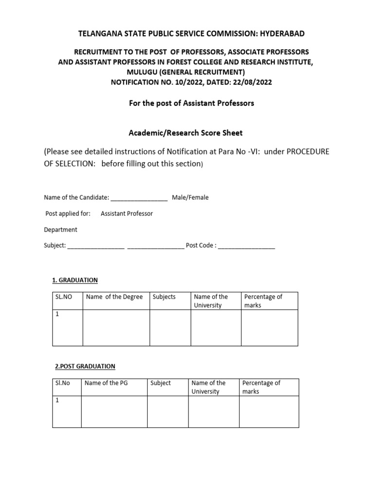 ACADEMIC AND RESEARCH SCORE SHEET For The Post of ASSISTANT PROFESSORS ...