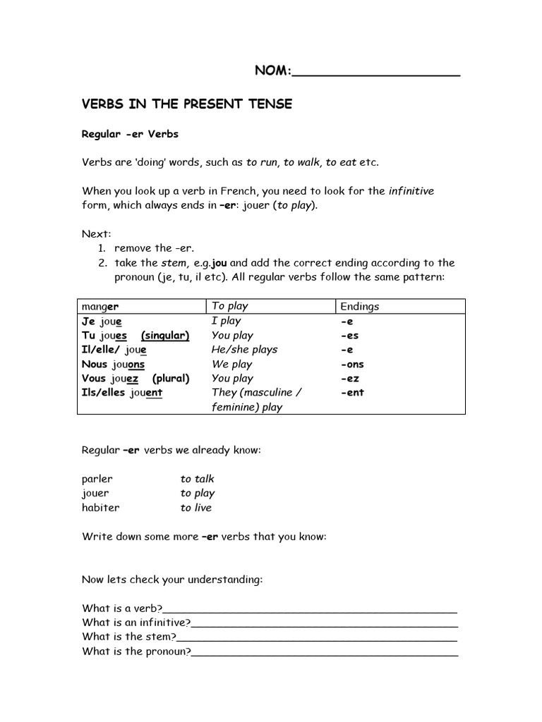 French Regular -ER Verbs Worksheet | PDF | Verb | Morphology