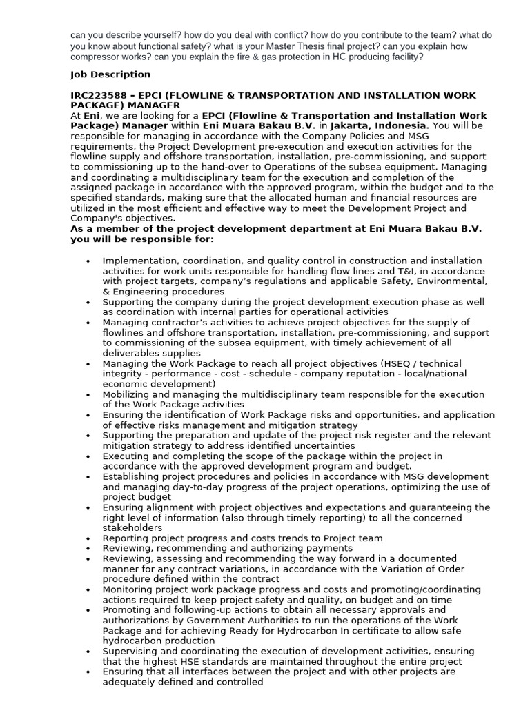 Epci (Flowline & Transportation and Installation Work Package) Manager ...