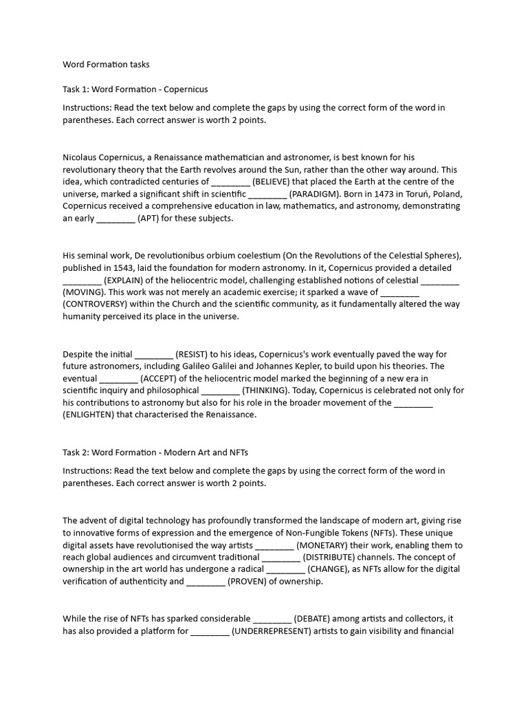Word Formation Tasks | PDF | Nicolaus Copernicus | Heliocentrism