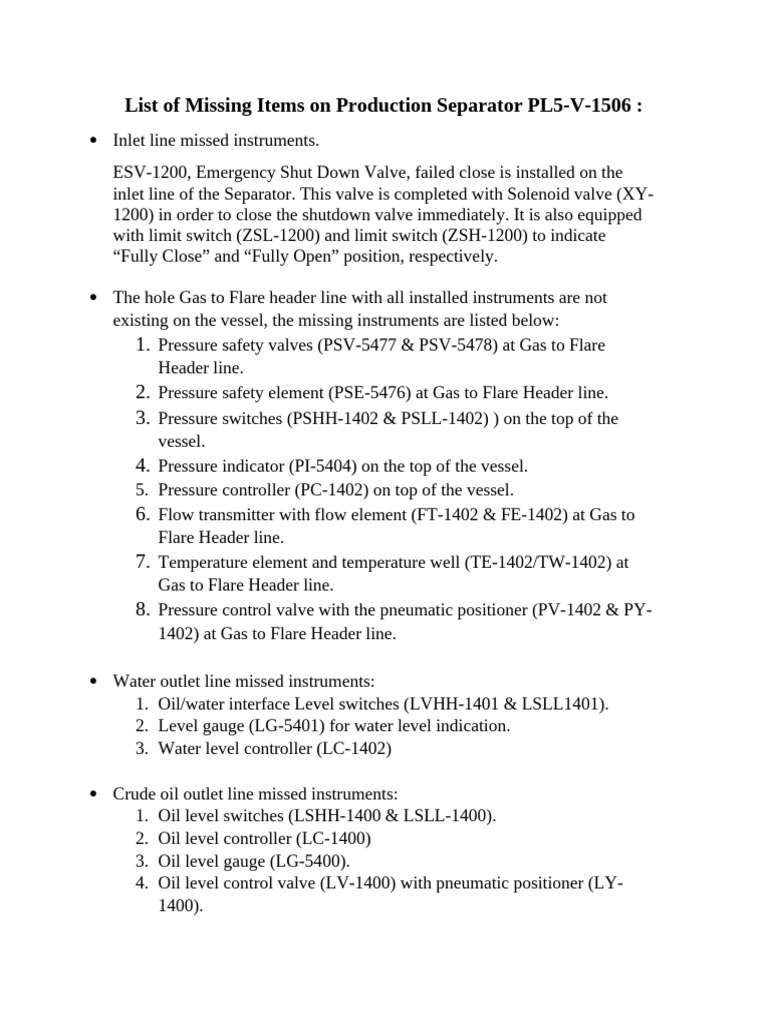 List of Missing Items On Production Separator PL5-V-1506 | PDF