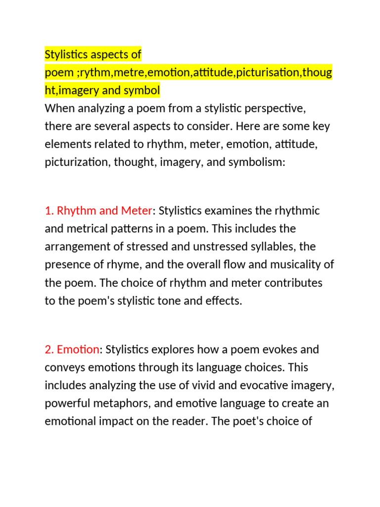 Stylistics Aspects of Poem | PDF | Poetry | Metre (Poetry)