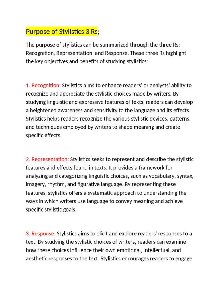 Purpose of Stylistics: The 3 Rs Explained | PDF | Analysis | Linguistics