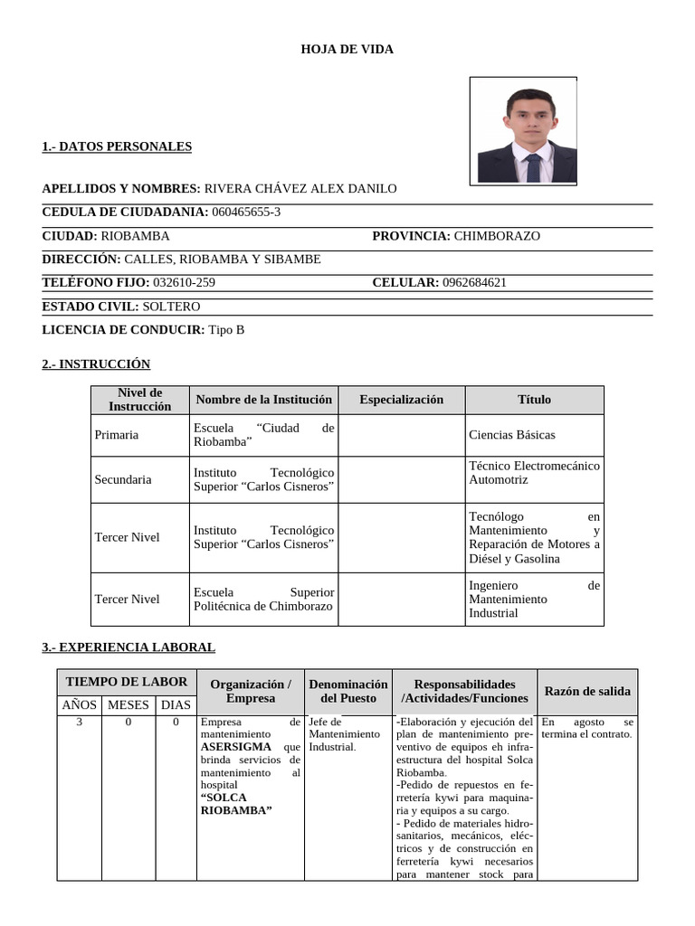 Hoja de Vida Alex Rivera Chavez | PDF | Ingeniería