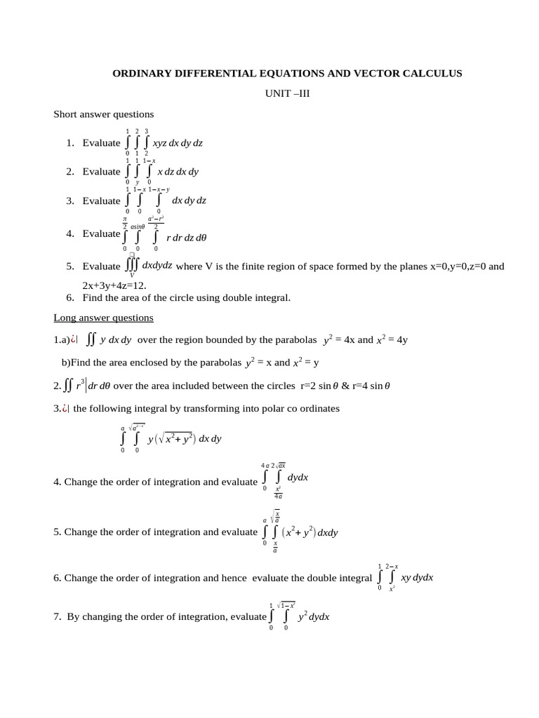 Question Bank ODE&VC 3,4 & 5 | PDF | Integral | Calculus