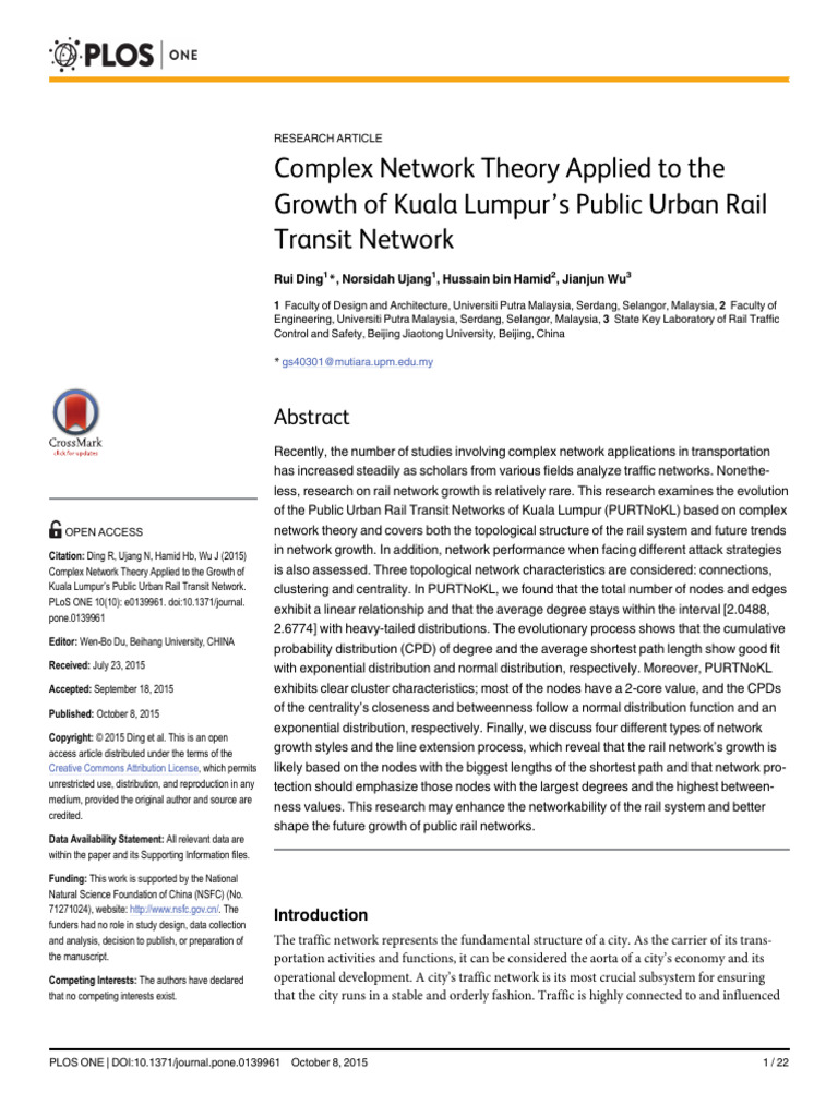 Complex Network Theory Applied To TheGrowth of Kuala Lumpur's Public Urban Rail Transit Network ...