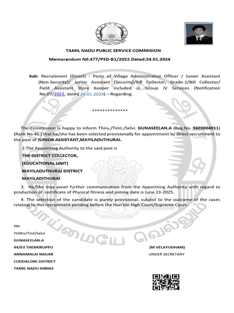 Tamil Nadu Public Service Commision Memorandum N0.477/PSD-B1/2022.Dated:24.01.2024 | PDF