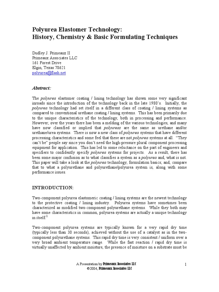 Polyurea Elastomer Technology: History, Chemistry & Basic Formulating Techniques | PDF