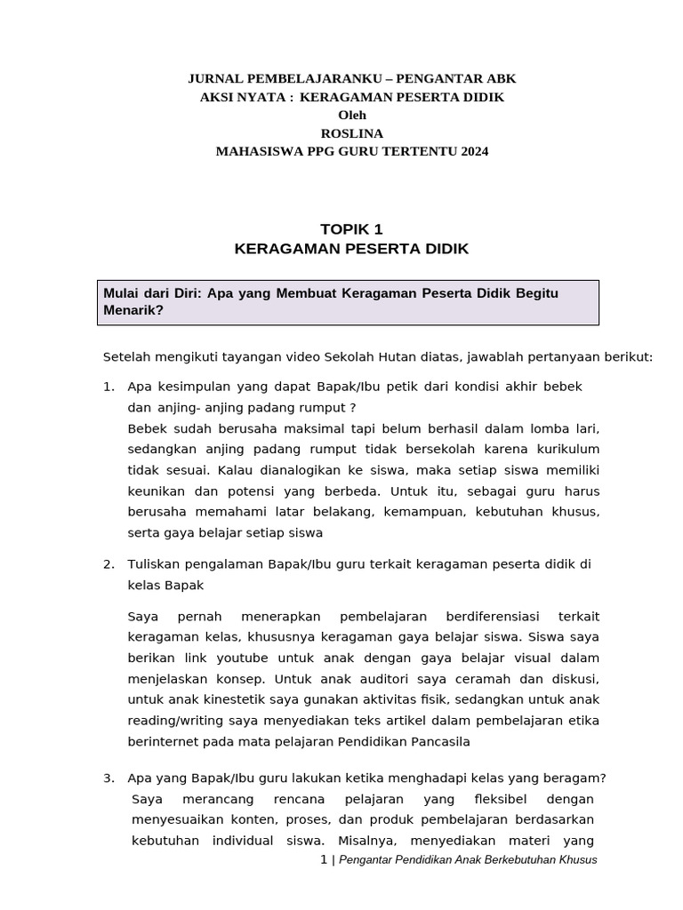Jurnal Pembelajaran 3 (Modul PP ABK) - Keberagaman LOLOS VALIDASI | PDF