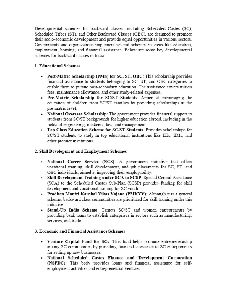 Various Developmental Schemes For Backward Classes | PDF