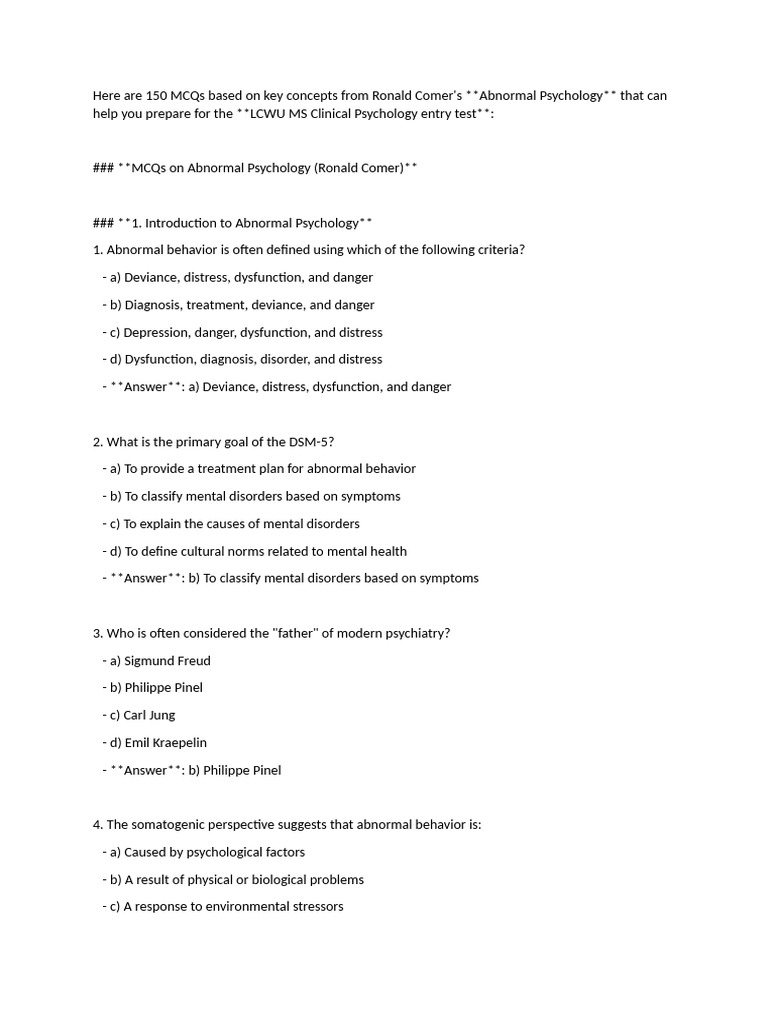 Here Are 150 MCQs Based On Key Concepts From Ronald Comer | PDF | Major Depressive Disorder | Mania
