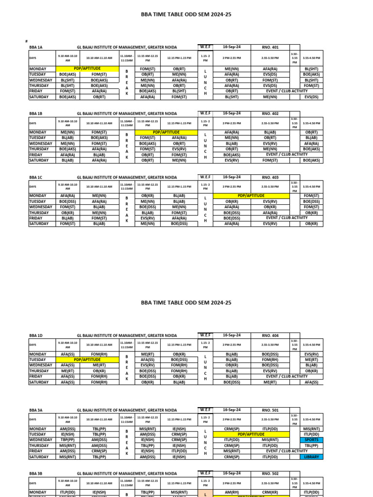 BBA Odd Semester Timetable 2024-25 | PDF