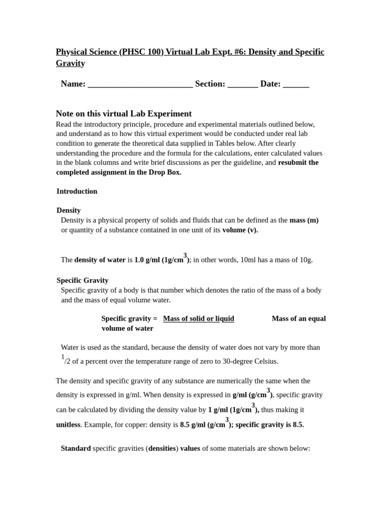 Density and Specific Gravity Lab Guide | PDF | Density | Volume