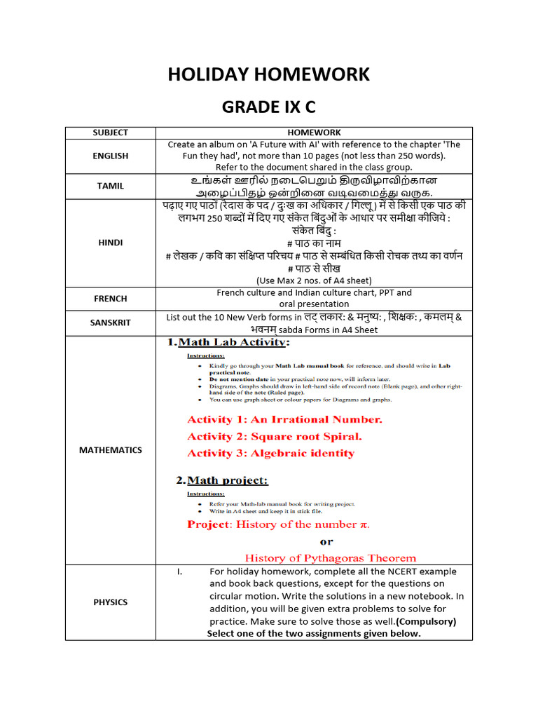 HOLIDAY HOMEWORK Grade 9 C | PDF