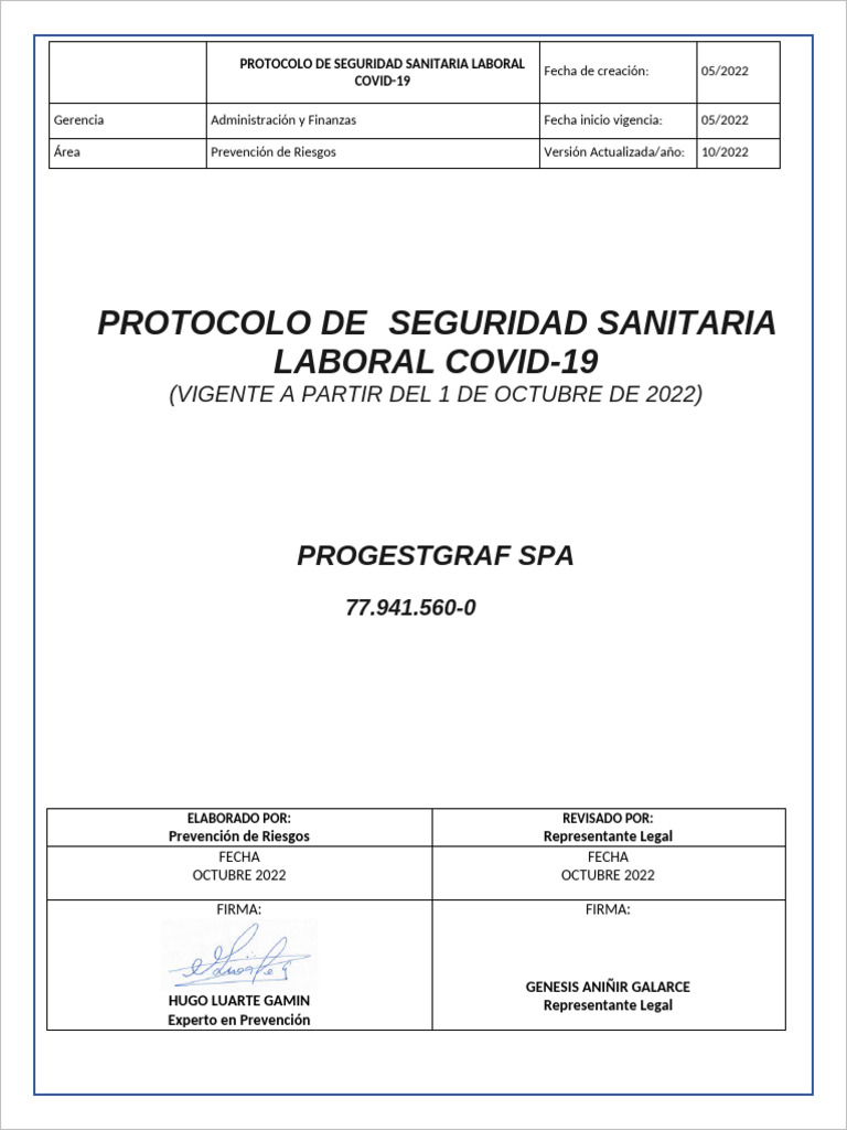 Protocolo de Seguridad Sanitaria 10-2022 Progestgraf Spa | PDF | Lavado de manos | Medicina