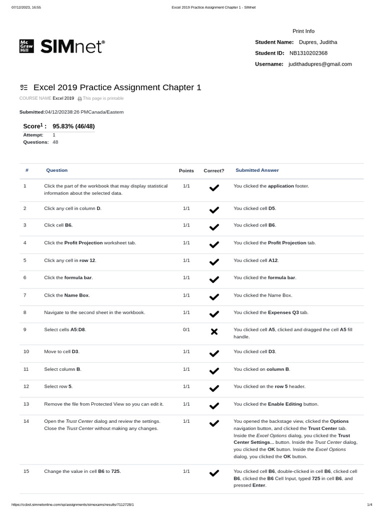 Excel 2019 Practice Assignment Chapter 1 - SIMnet | PDF | Microsoft ...