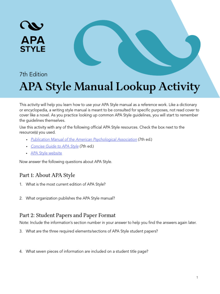 APA Style Manual Lookup Activity | PDF | Apa Style | Linguistics
