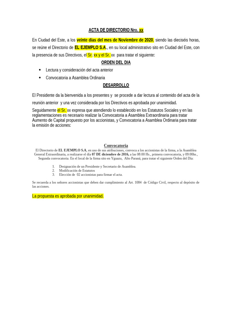 MODELO Acta de Directorio Convocatoria | PDF
