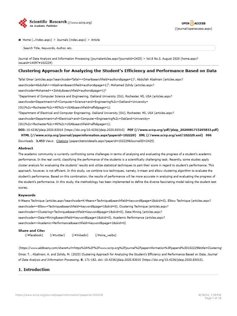 Clustering Approach For Analyzing The Student's Efficiency and Performance Based | PDF | Cluster ...
