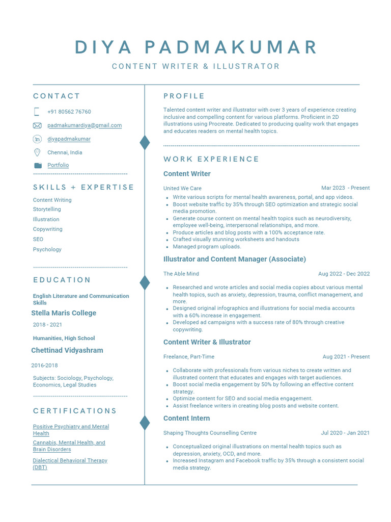 Diya's Resume | PDF | Mental Health | Social Media