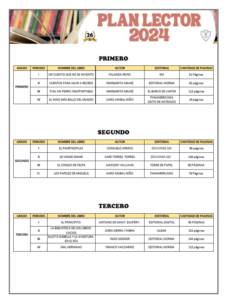 PLAN LECTOR 2024 | PDF | Literatura en español
