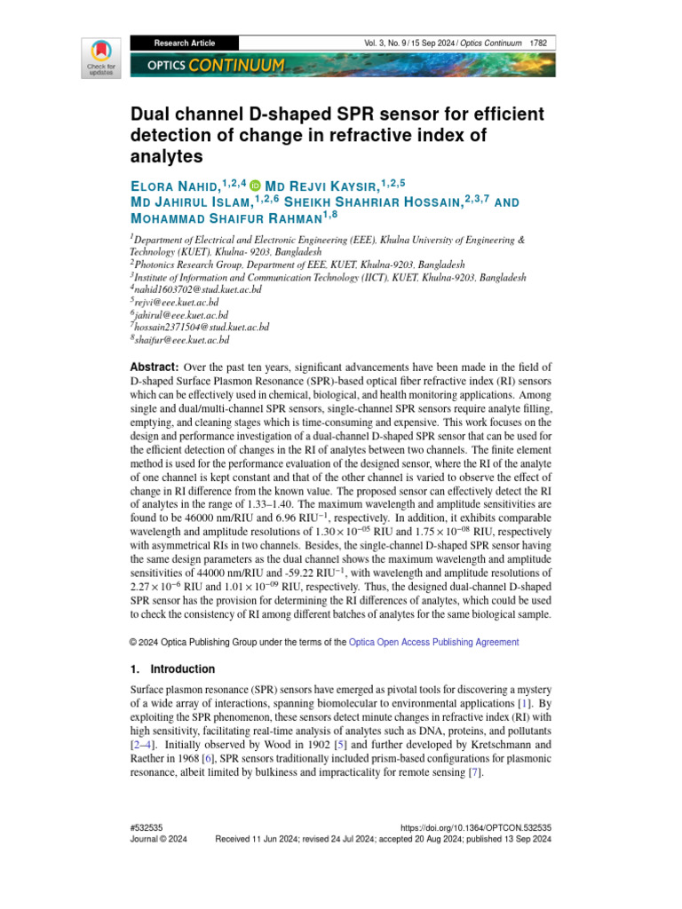 Dual Channel D-Shaped SPR Sensor For Efficient Detection of Change in Refractive Index of ...