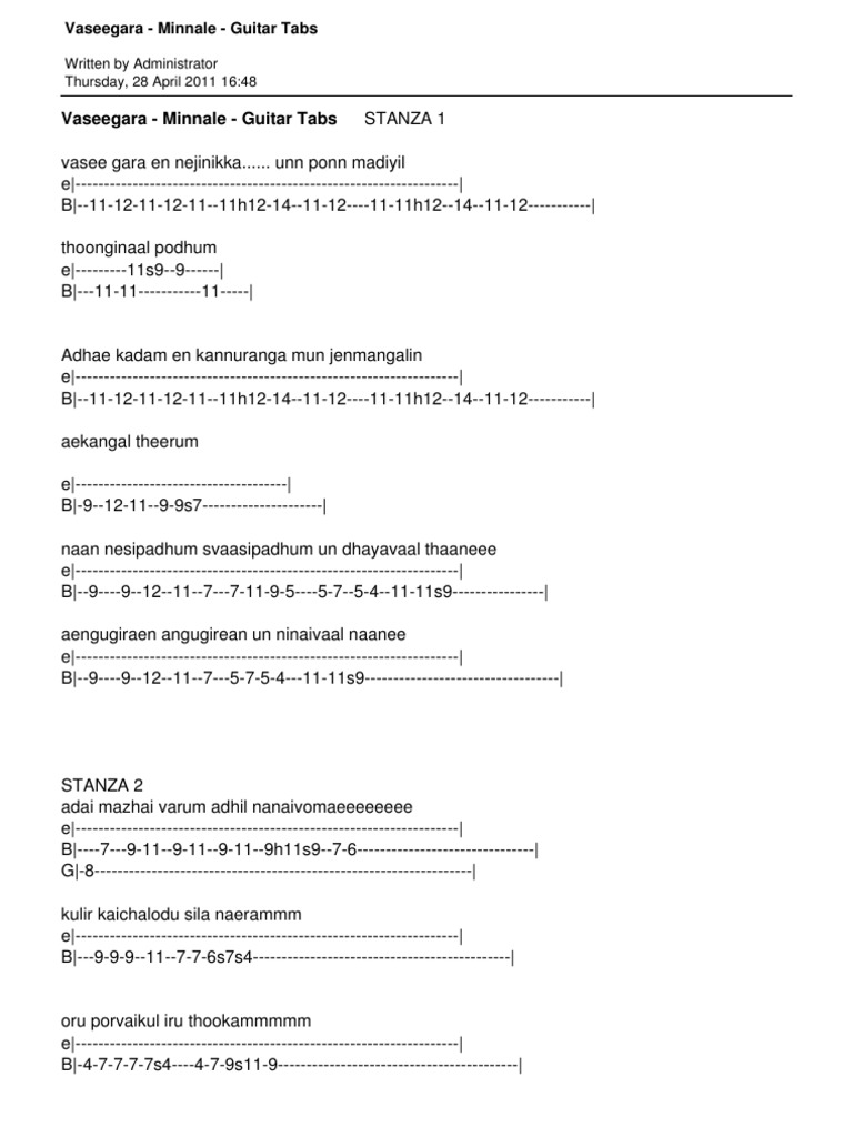 Vaseegara Guitar Tabs and Notes | PDF