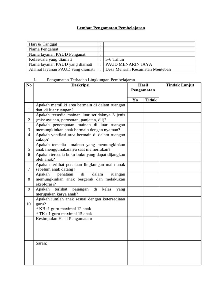 Lembar Pengamatan Pembelajaran | PDF