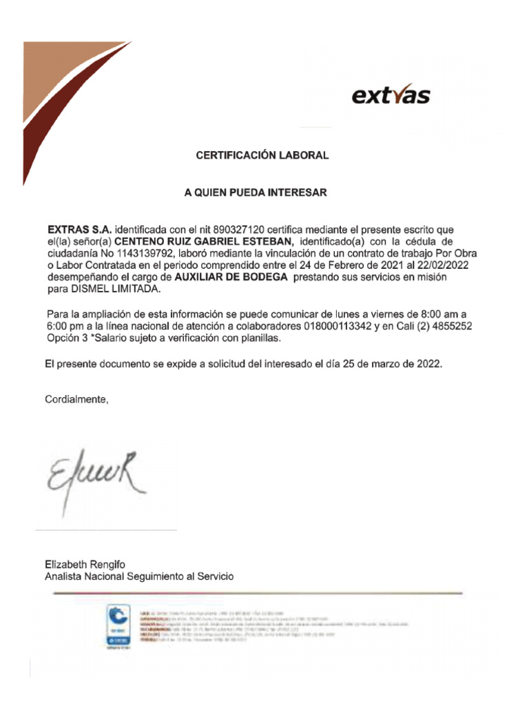 Certificacion Extras | PDF