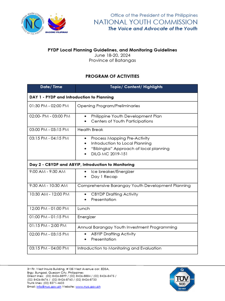 Batangas-Program of Activity - PYDP Local Planning Guidelines, and Monitoring Guidelines | PDF ...