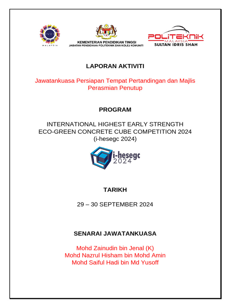 LAPORAN AKTIVITI SETIAP JK Persiapan Tempat Pertandingan Dan Majlis Perasmian Penutup | PDF