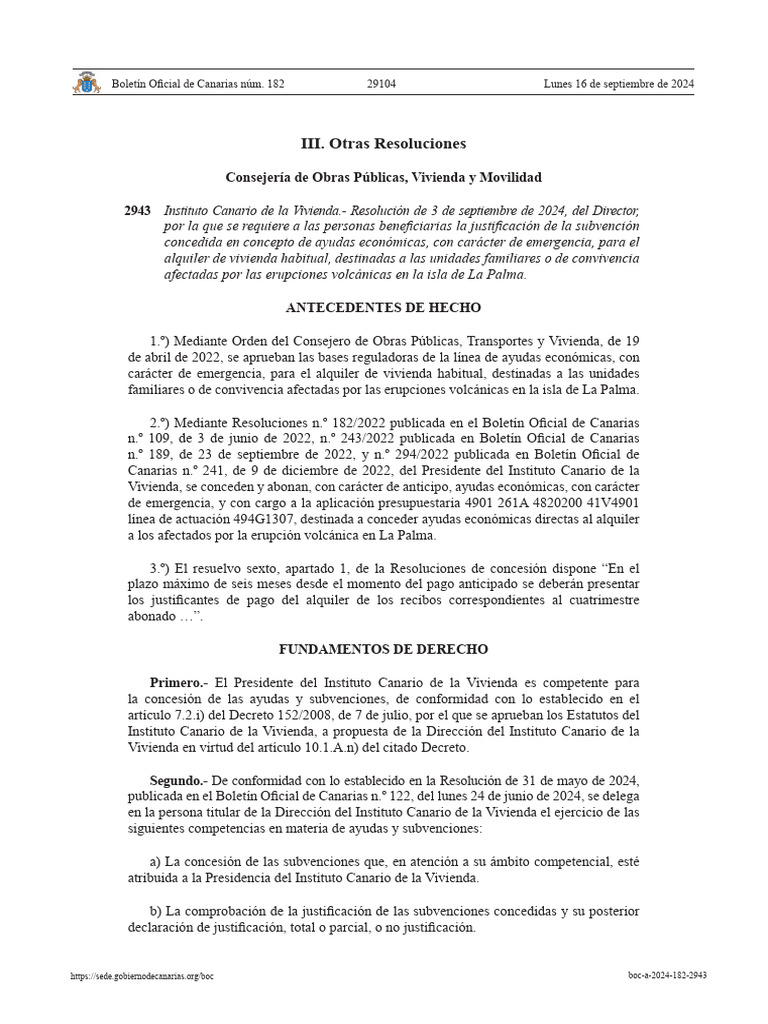 Boc A 2024 182 2943 | PDF | Otorgar dinero) | Islas Canarias