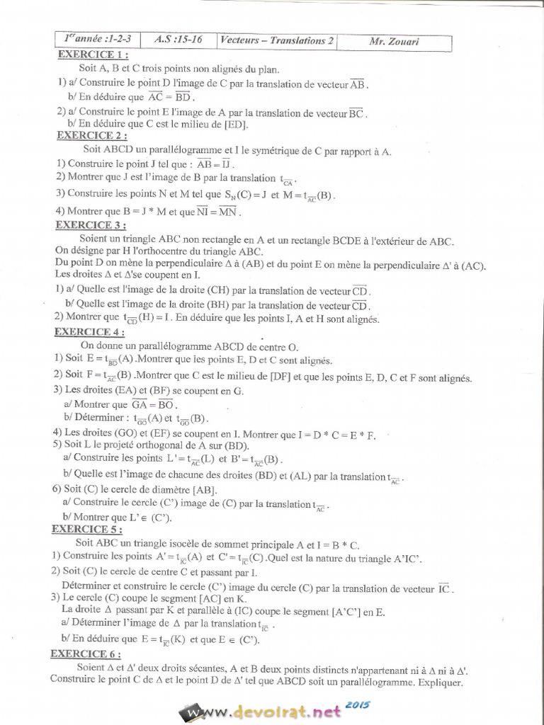 Série D'exercices N°2 - Math - Vecteurs Et Translation (2) - 1ère AS ...