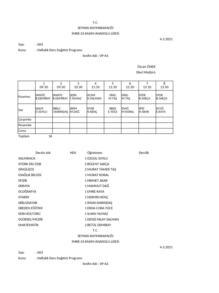 Sinif Ders Programi | PDF