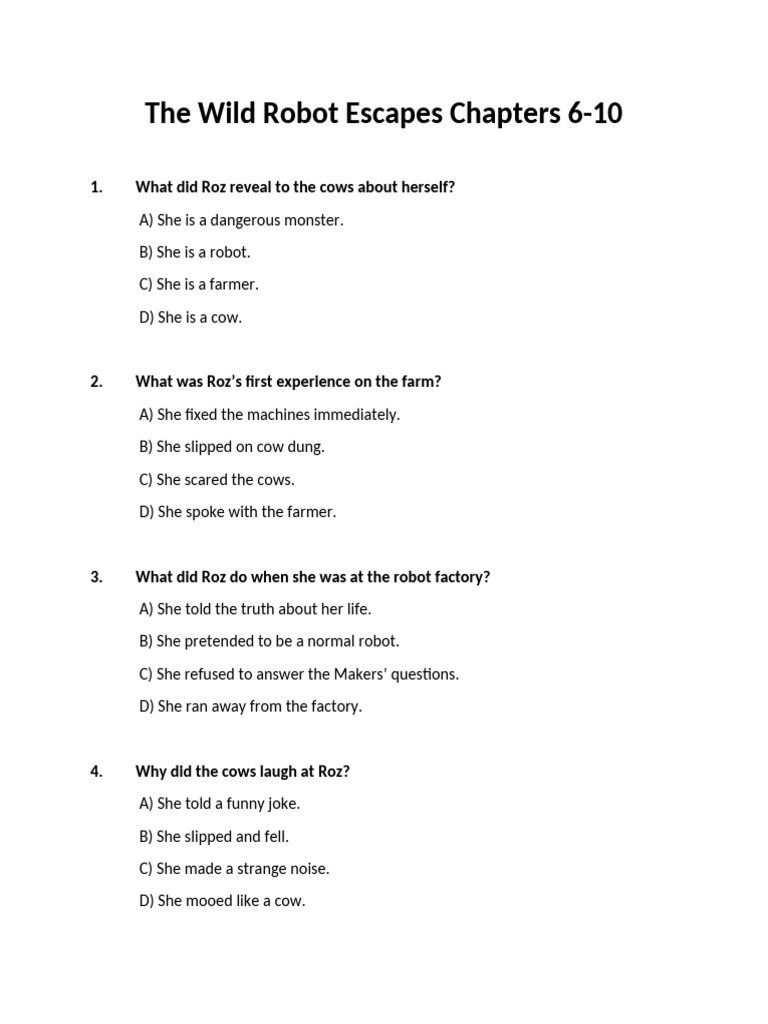 The Wild Robot Escapes Comprehension Chapters 6-10 | PDF