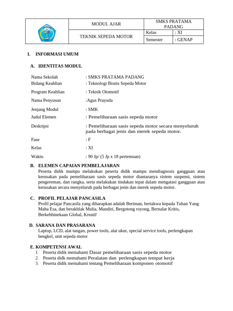 Modul Ajar Pertemuan 1 Dan 2 Praeatan Sasis | PDF