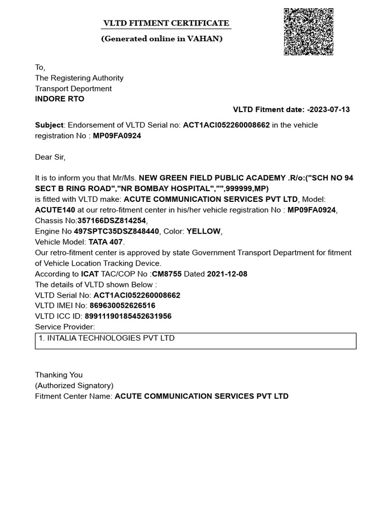 VLTD Fitment Certificate for Vehicle MP09FA0924 | PDF