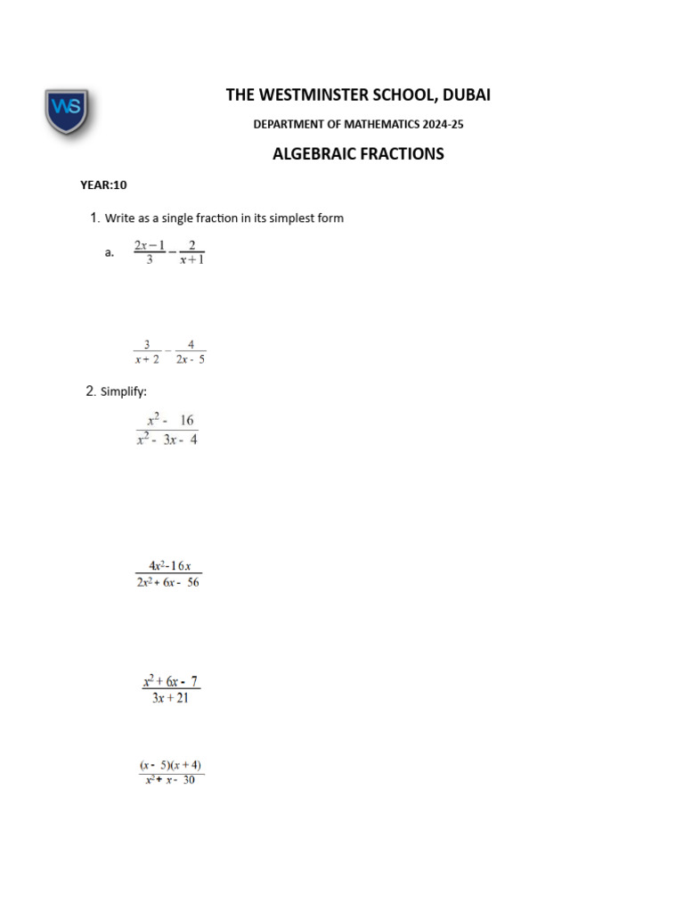 Algebraic Fractions - Revision Task Sheet | PDF